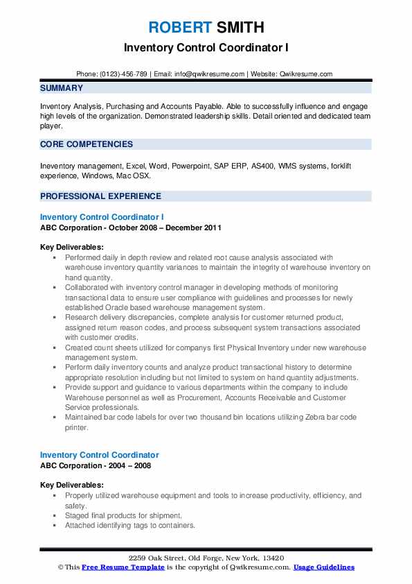 Inventory Control Coordinator Resume Samples | QwikResume
