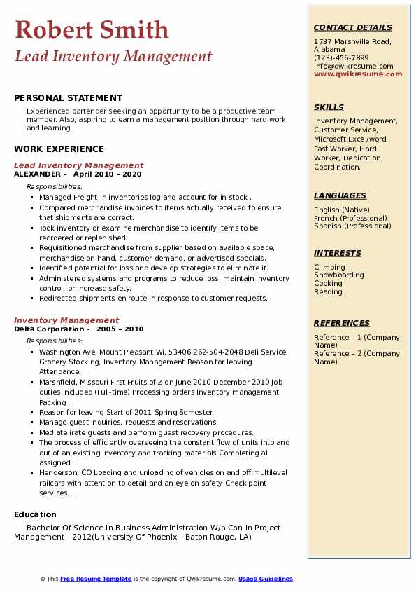 Inventory Manager Resume