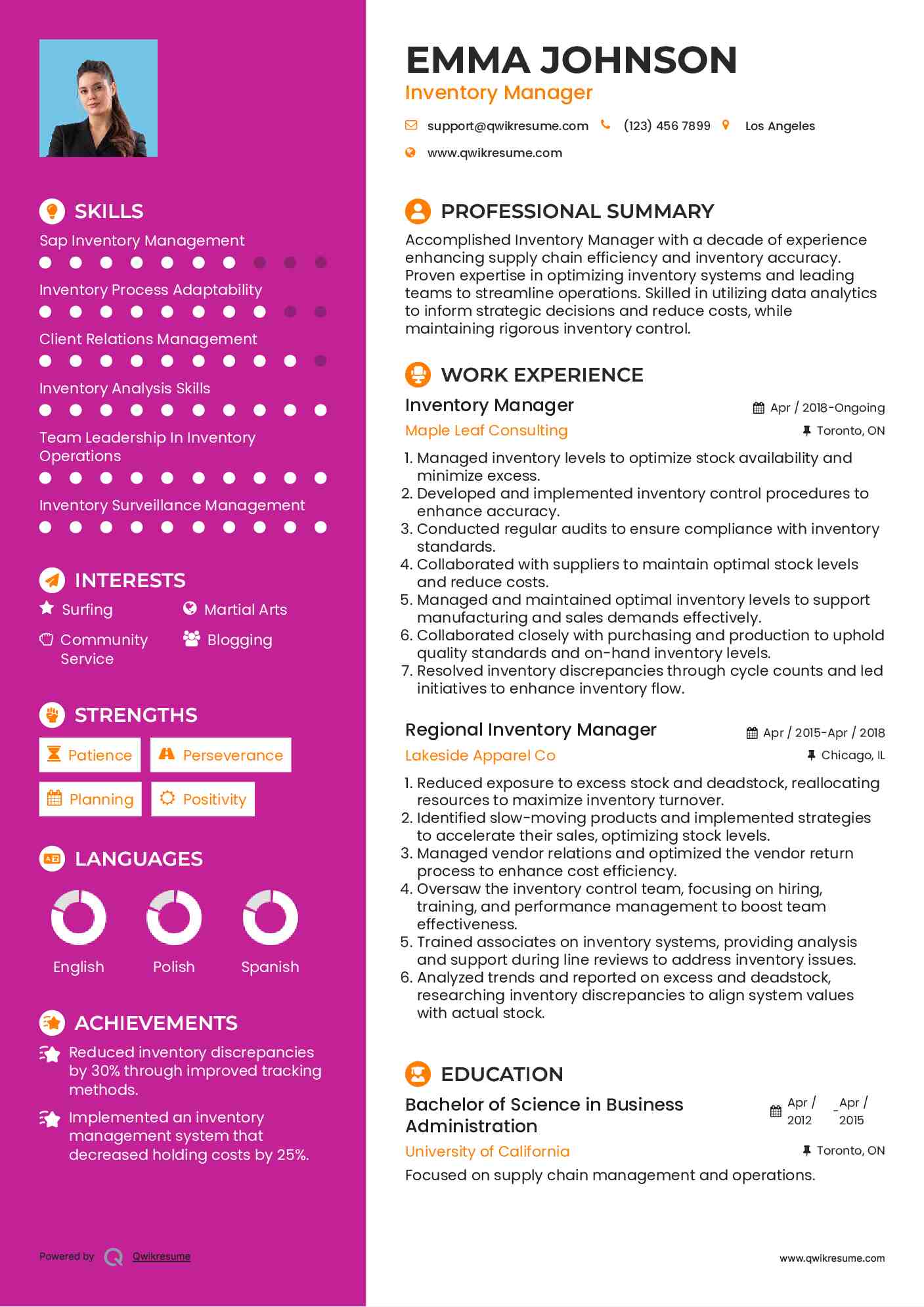 Inventory Manager Resume Samples QwikResume