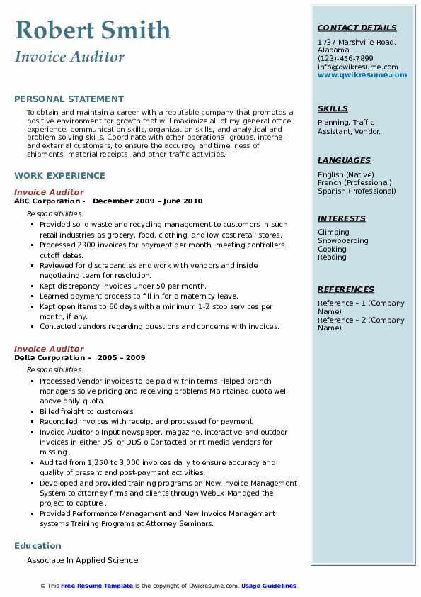 Invoice Auditor Resume Samples | QwikResume