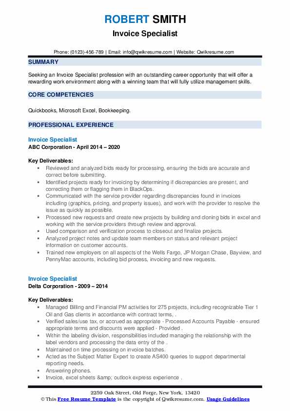 Invoice Specialist Resume Samples | QwikResume