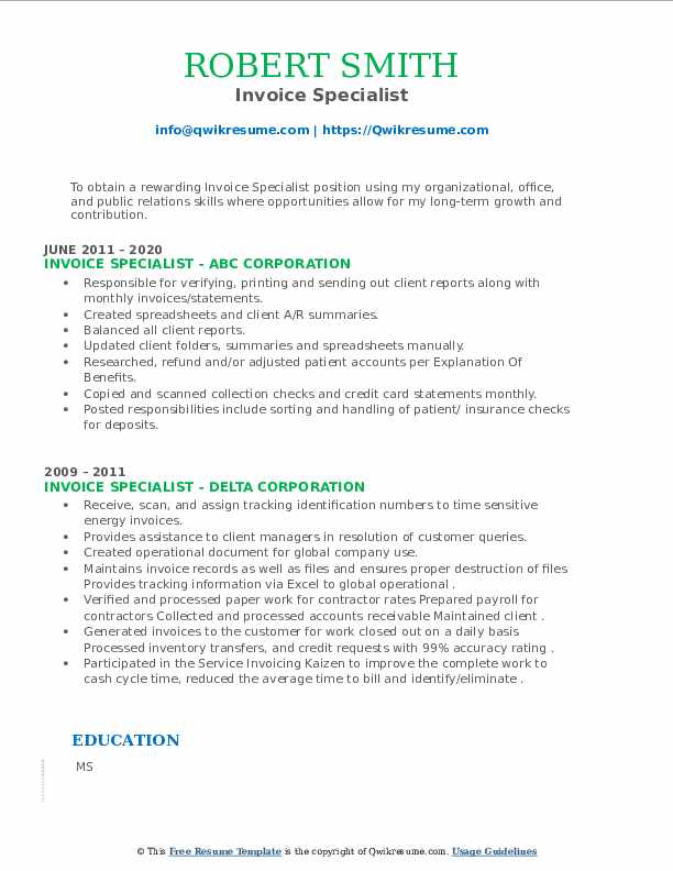 Invoice Specialist Resume Samples | QwikResume
