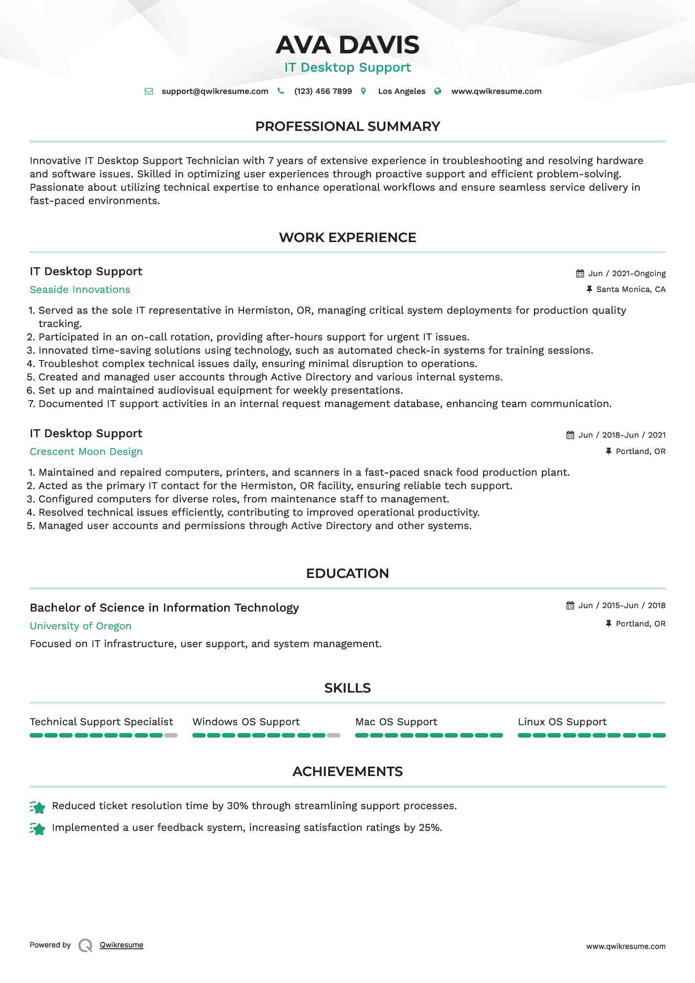 IT Desktop Support Resume Samples QwikResume