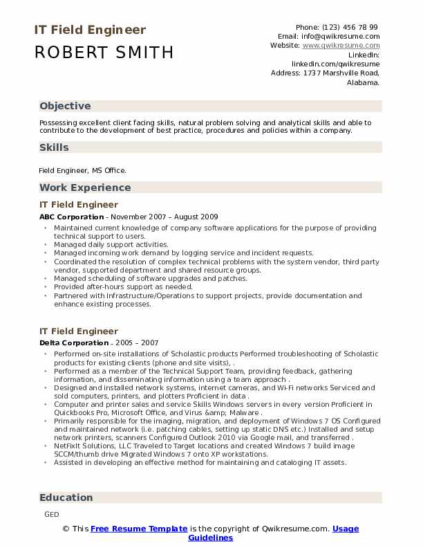 IT Field Engineer Resume Samples | QwikResume
