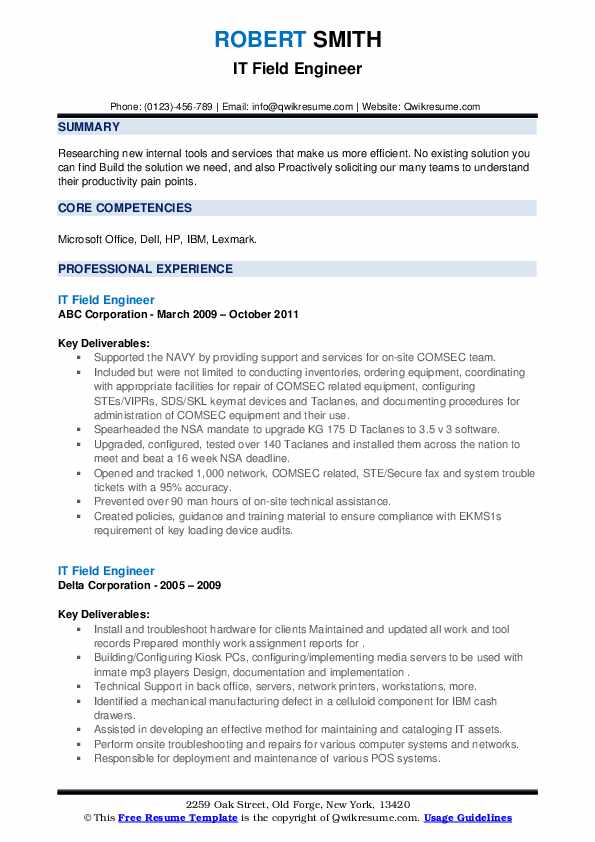 IT Field Engineer Resume Samples | QwikResume