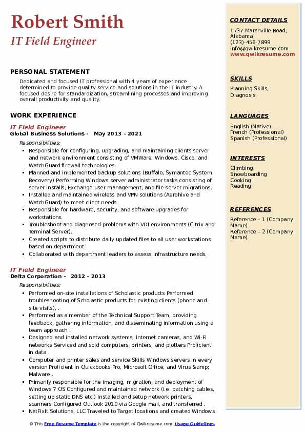 IT Field Engineer Resume Samples | QwikResume