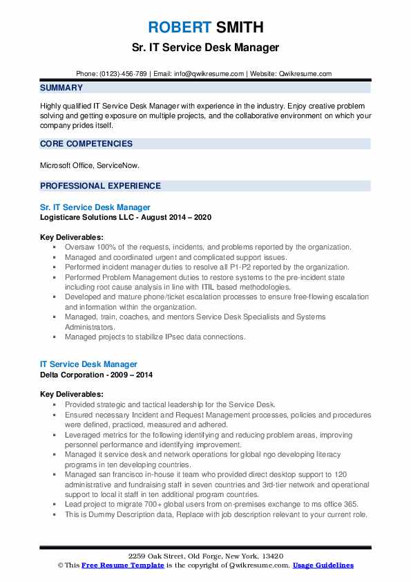 IT Service Desk Manager Resume Samples QwikResume