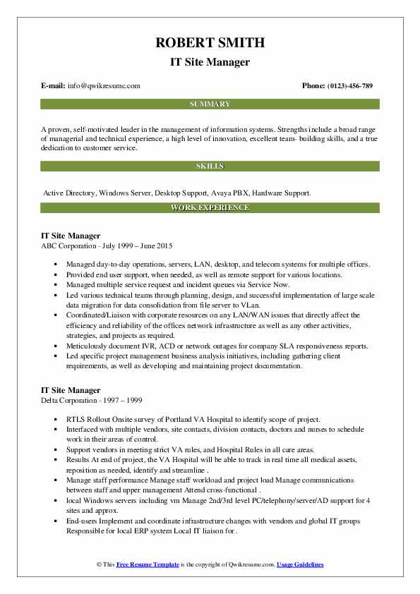 IT Site Manager Resume Samples | QwikResume