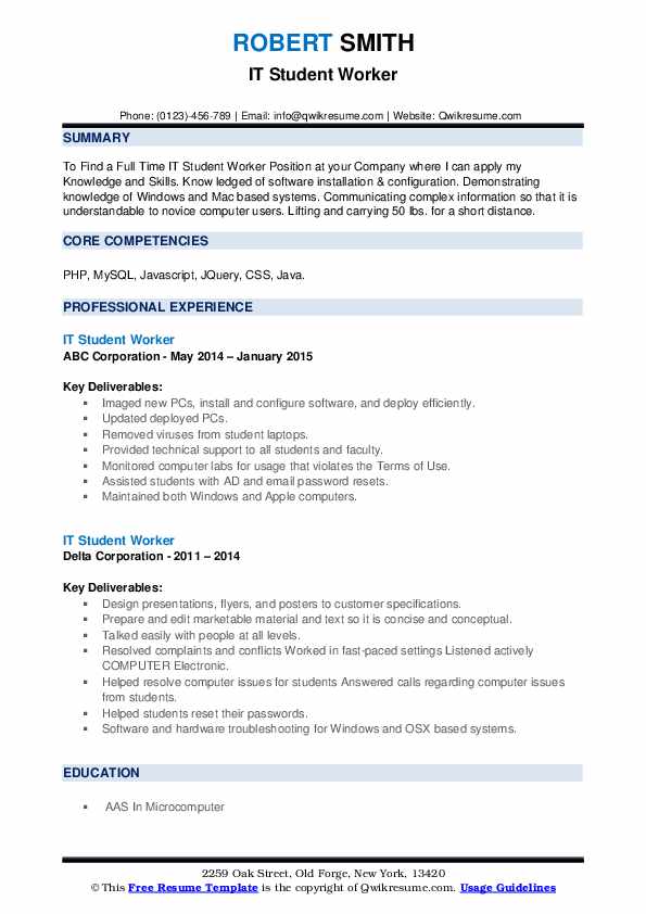 IT Student Worker Resume Samples | QwikResume