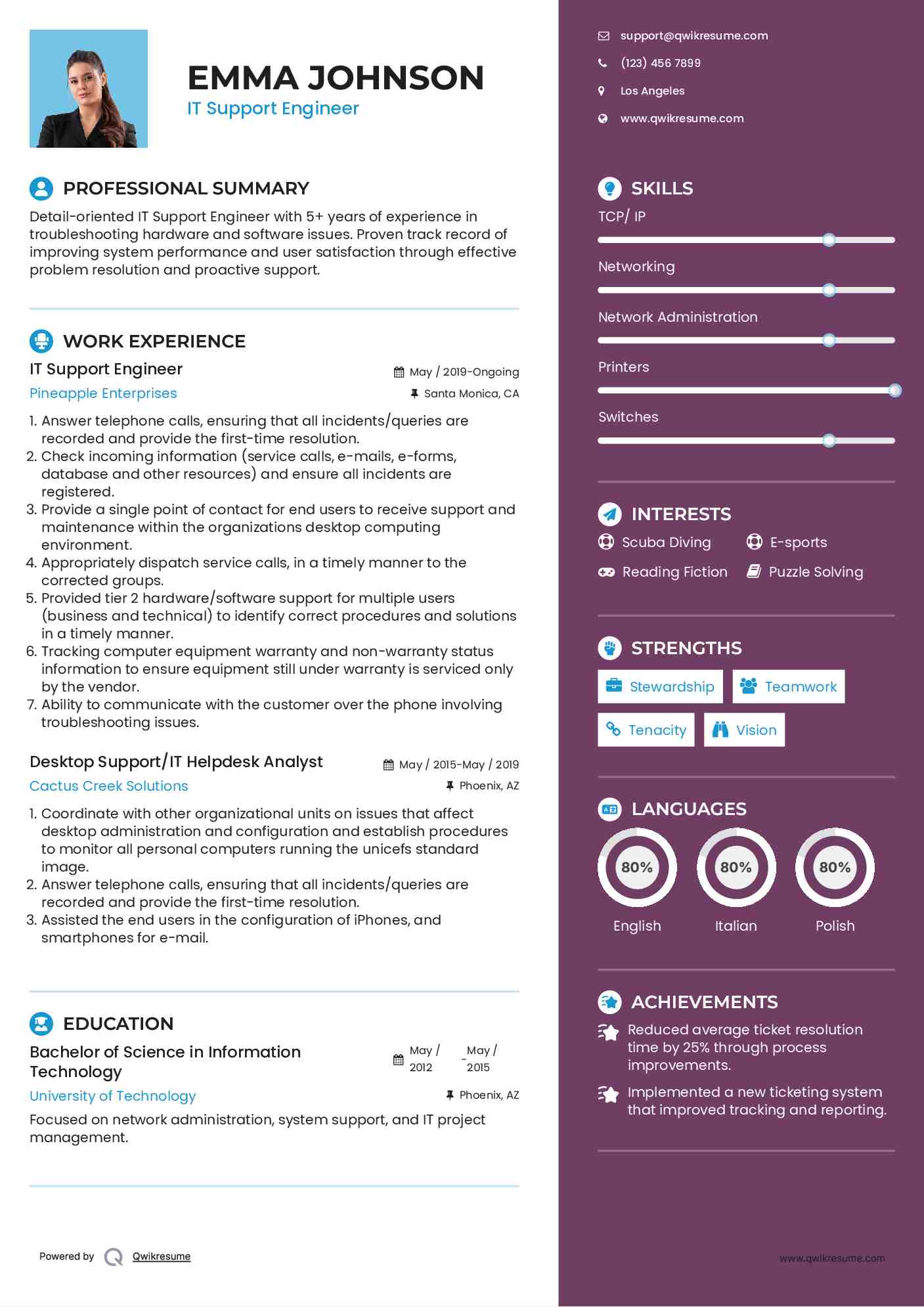 IT Support Engineer Resume Samples QwikResume