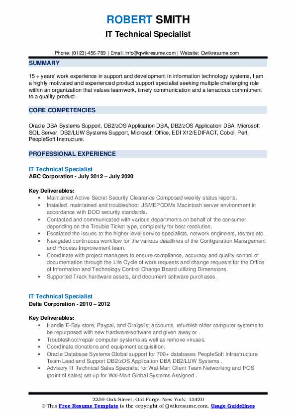 IT Technical Specialist Resume Samples | QwikResume