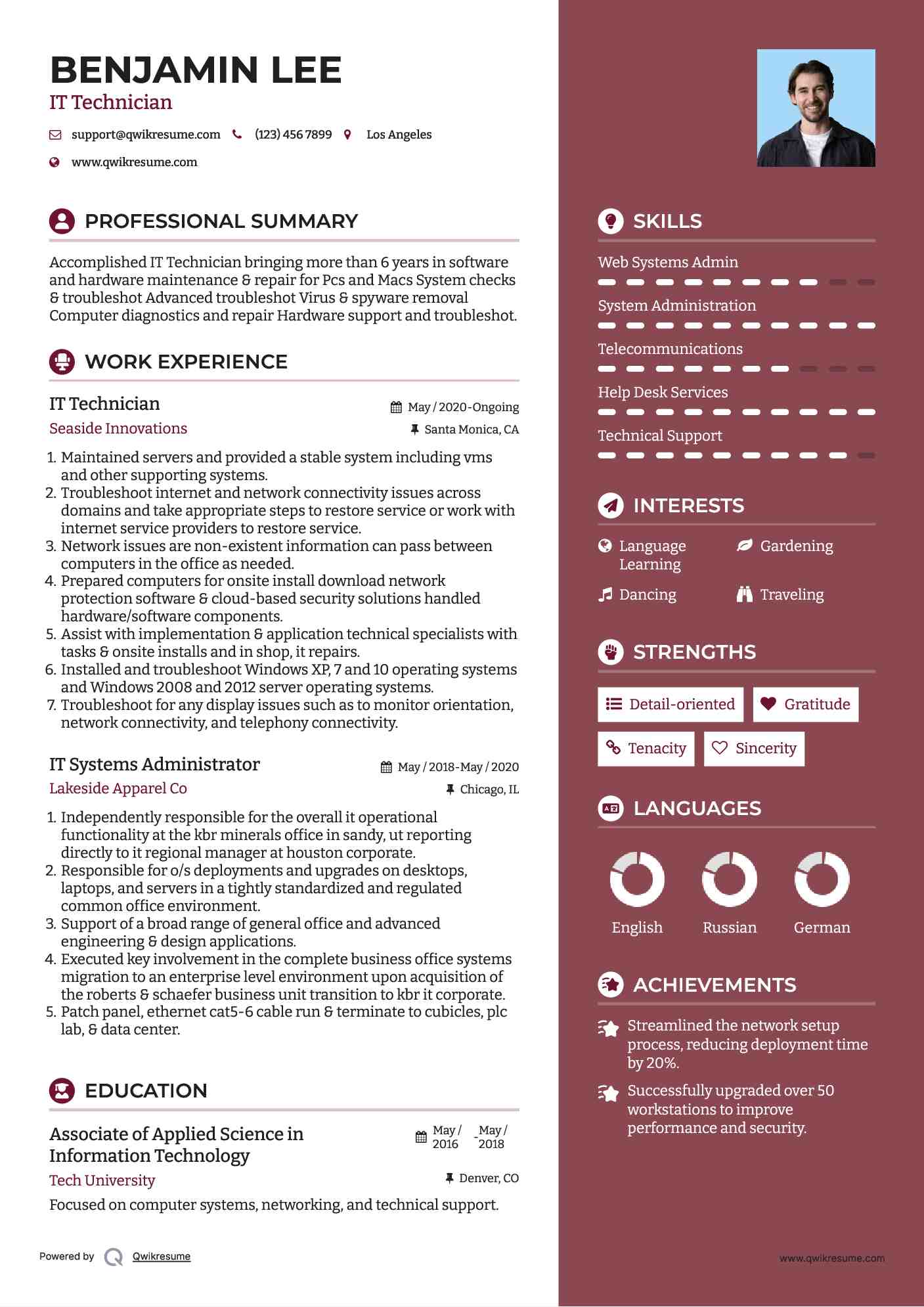 IT Technician Resume Samples QwikResume