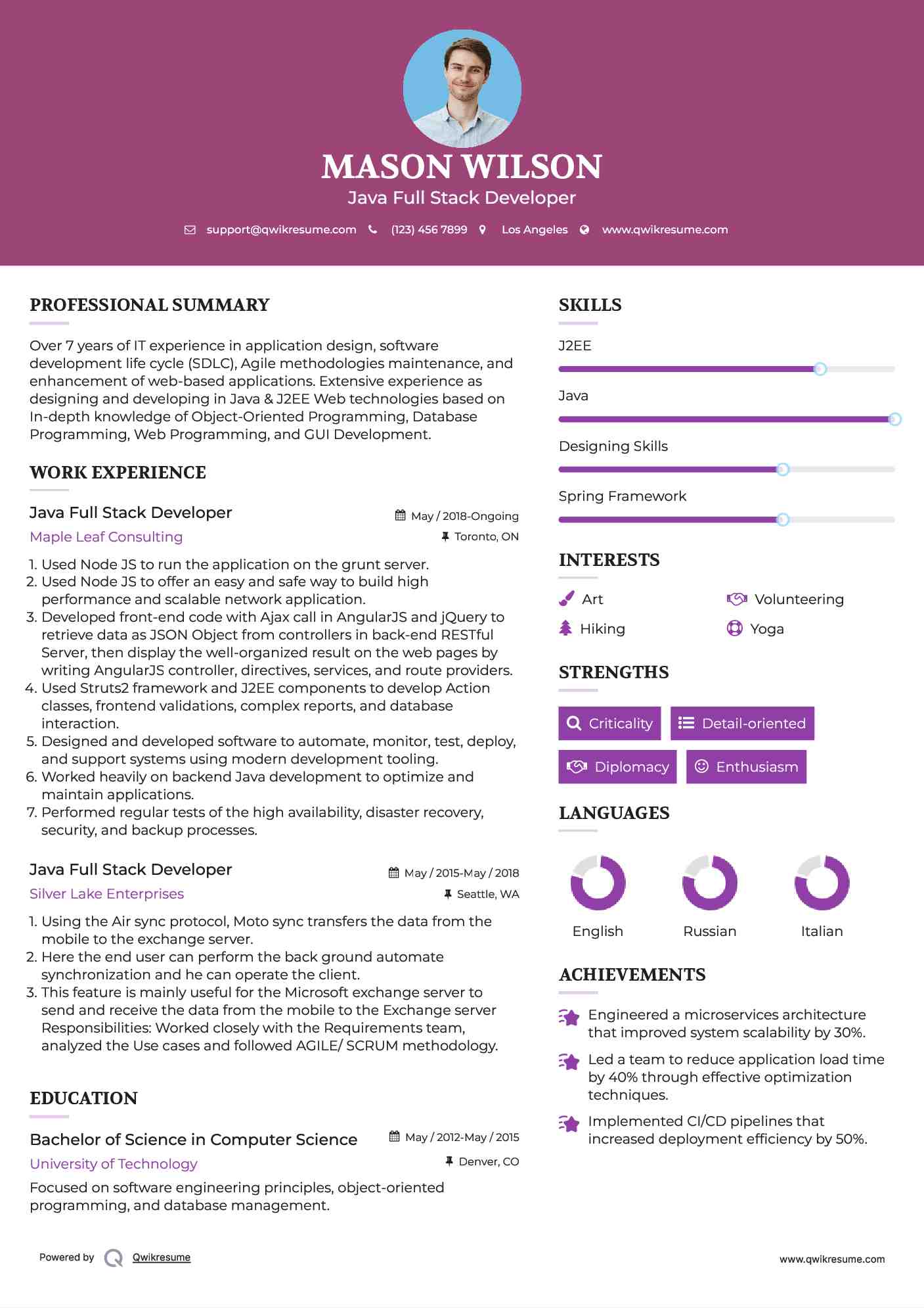 Java Full Stack Developer Resume Samples QwikResume