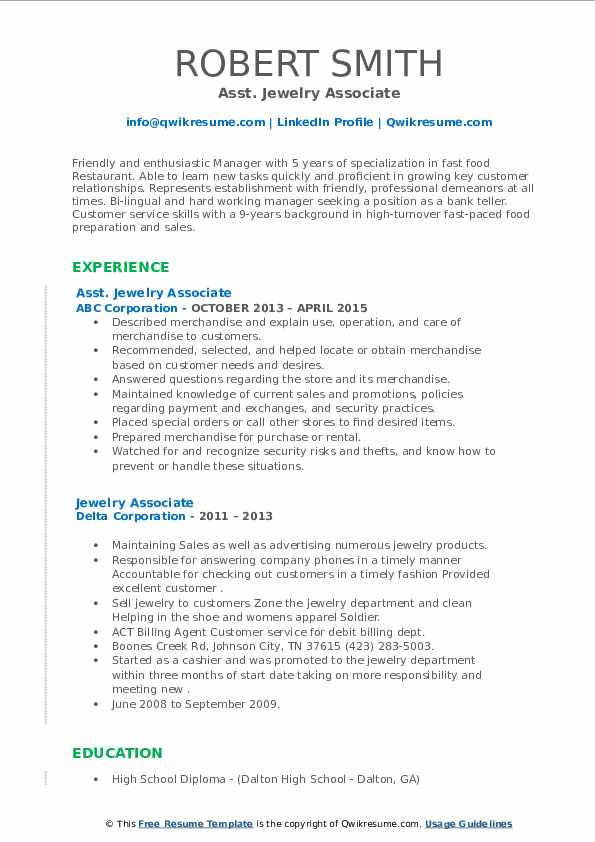 Jewelry Associate Resume Samples | QwikResume
