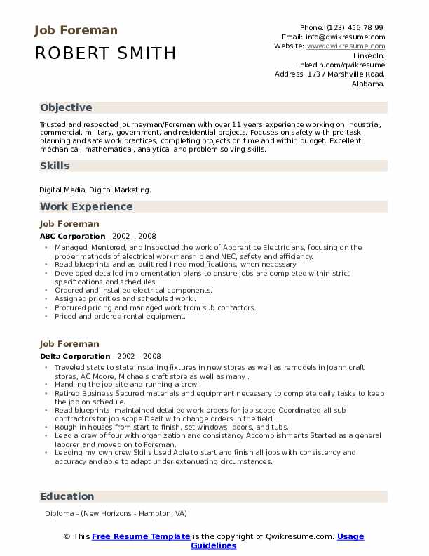 Construction Foreman Job Description