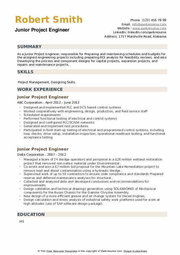 Junior Project Engineer Resume Samples QwikResume