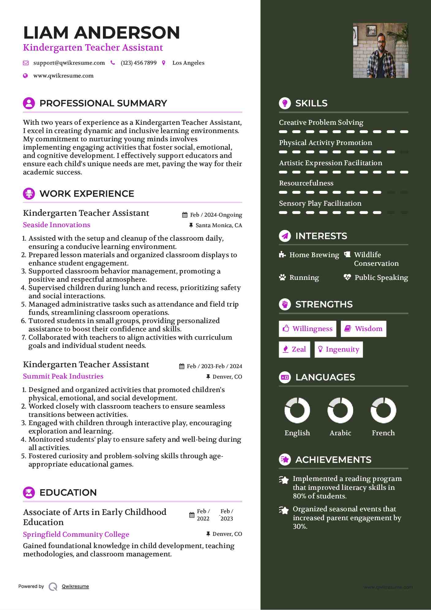 Kindergarten Teacher Assistant Resume Samples QwikResume