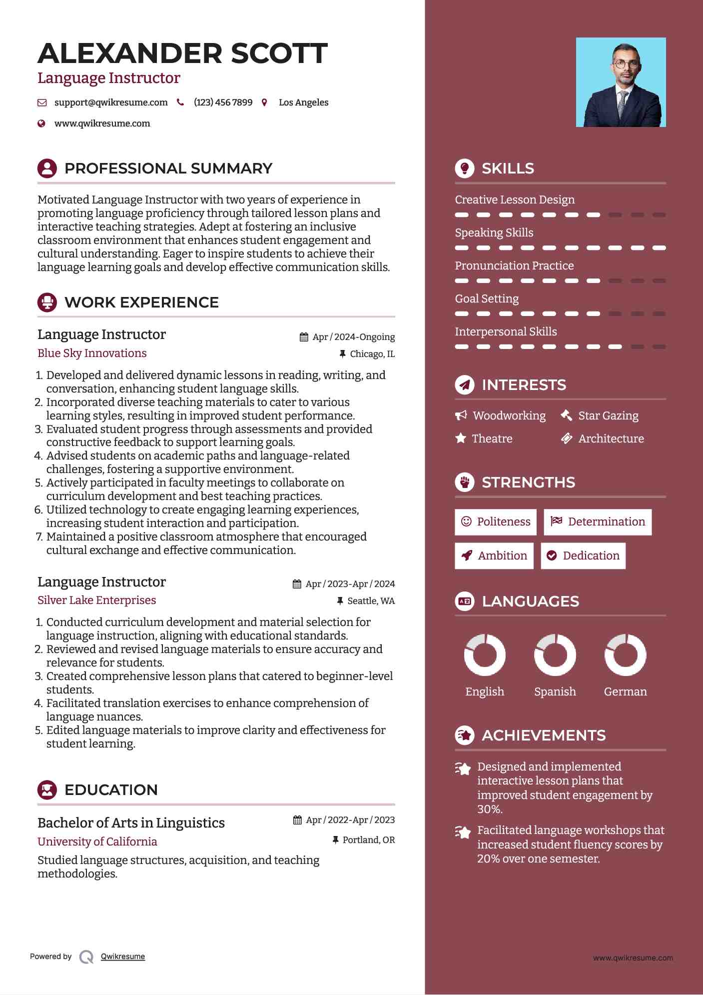 Language Instructor Resume Samples QwikResume