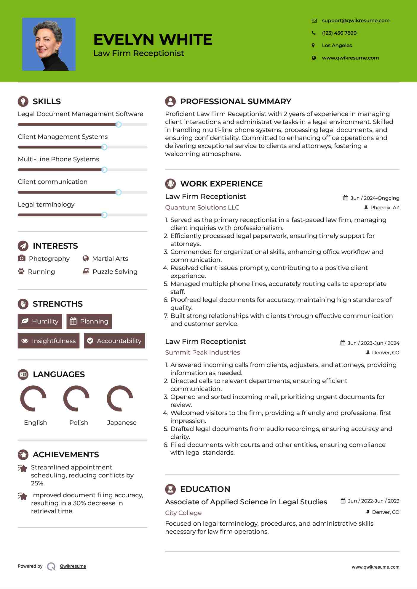 Law Firm Receptionist Resume Samples | Qwikresume