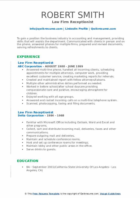 Law Firm Receptionist Resume Samples | Qwikresume