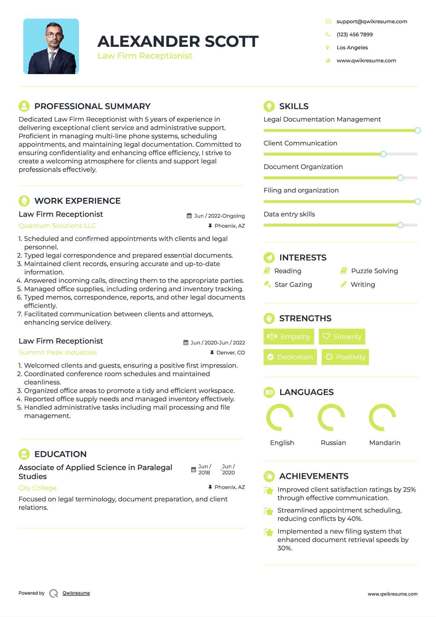 Law Firm Receptionist Resume Samples | Qwikresume