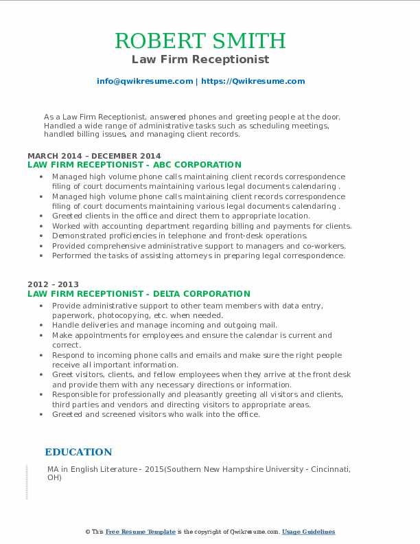 Law Firm Receptionist Resume Samples | Qwikresume