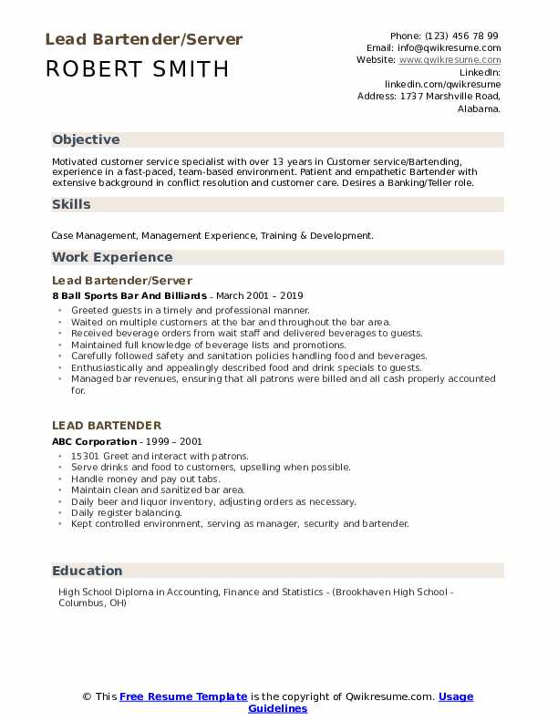 Lead Bartender Resume Samples | QwikResume