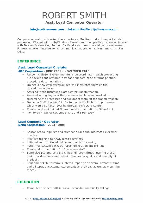Lead Computer Operator Resume Samples | QwikResume