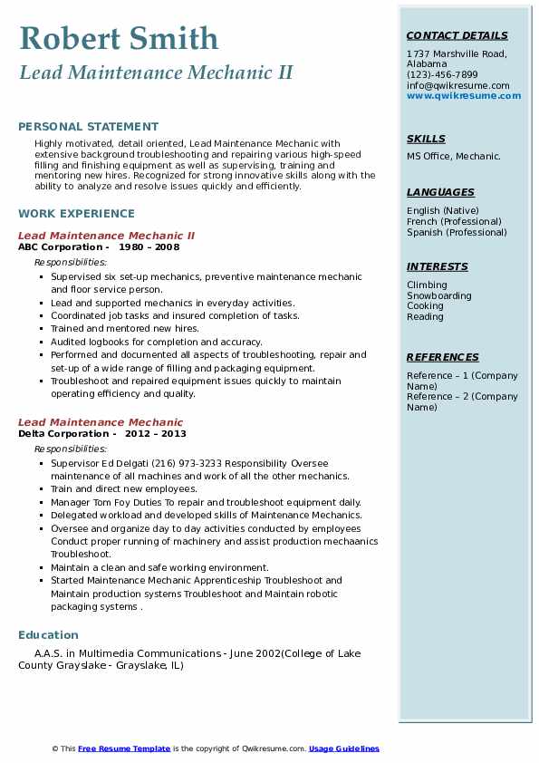 Plant Maintenance Mechanic Resume