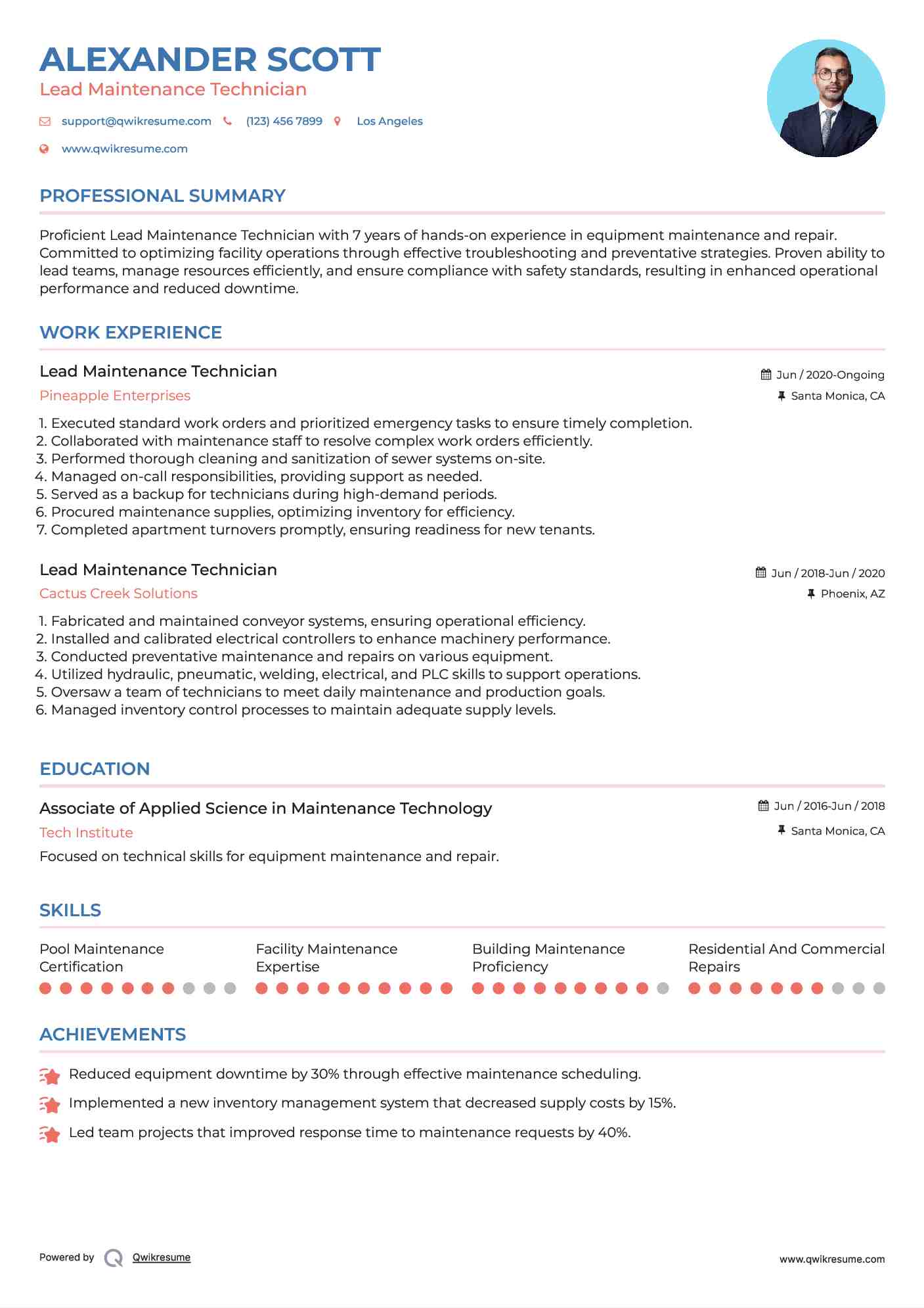 Lead Maintenance Technician Resume Samples QwikResume