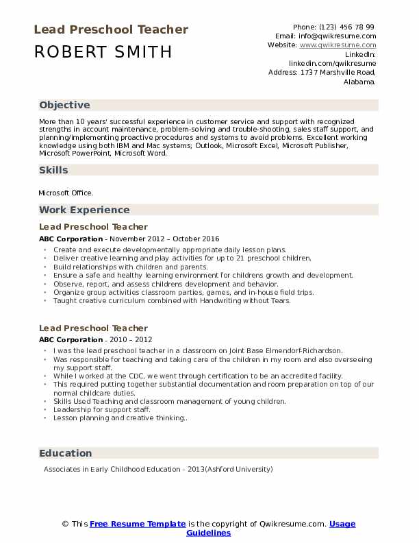 Lead Preschool Teacher Resume Samples QwikResume