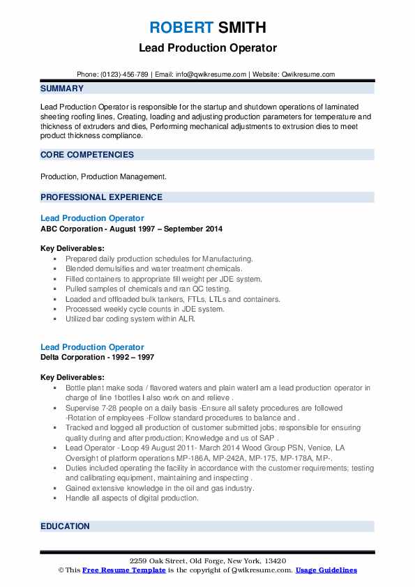 Lead Production Operator Resume Samples | QwikResume