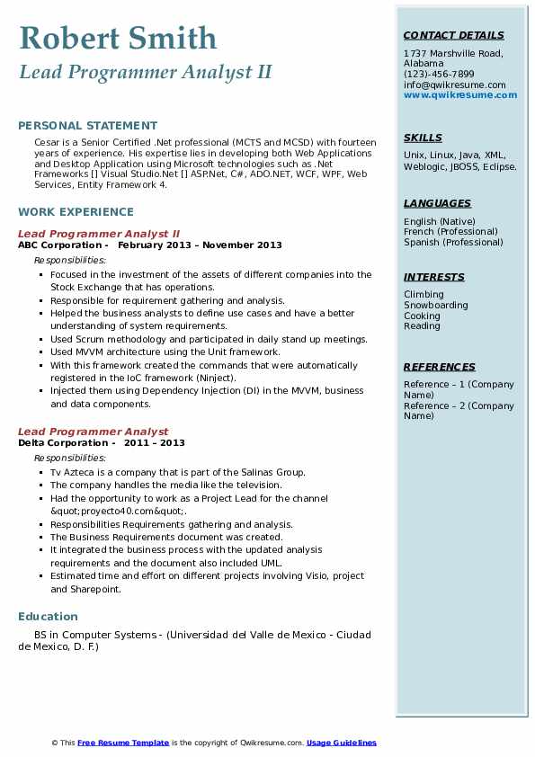 Lead Programmer Analyst Resume Samples | QwikResume