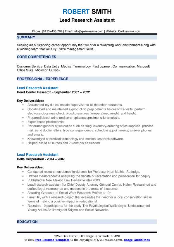 Lead Research Assistant Resume Samples | QwikResume