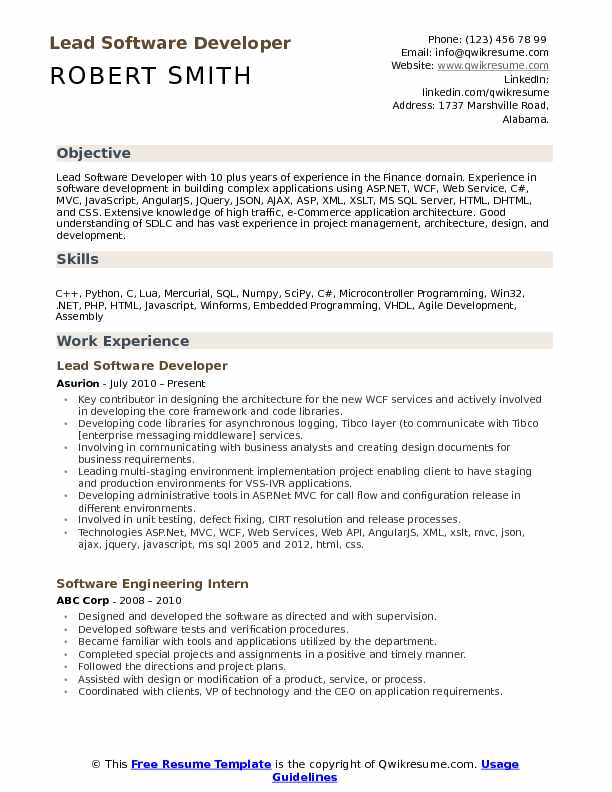 Lead Software Developer Resume Samples QwikResume