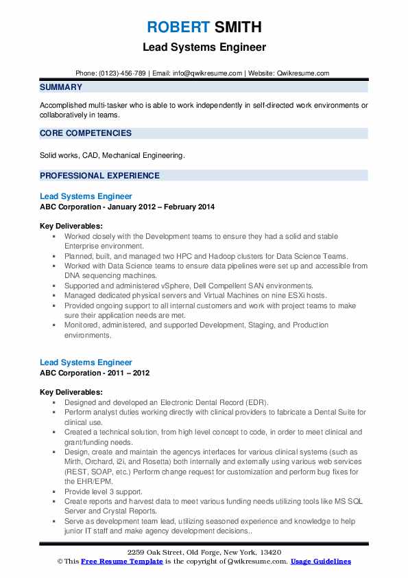 Lead Systems Engineer Resume Samples | QwikResume