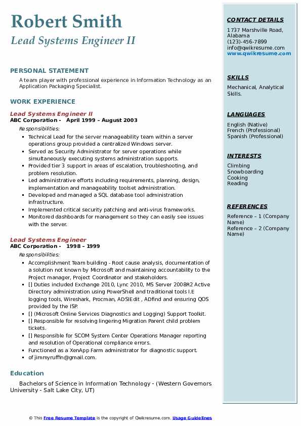 Lead Systems Engineer Resume Samples | QwikResume