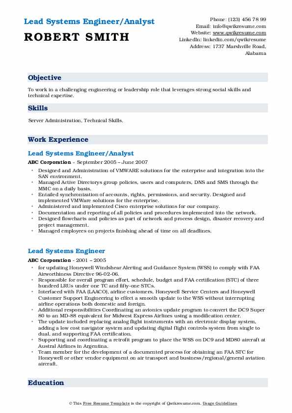 Lead Systems Engineer Resume Samples | QwikResume