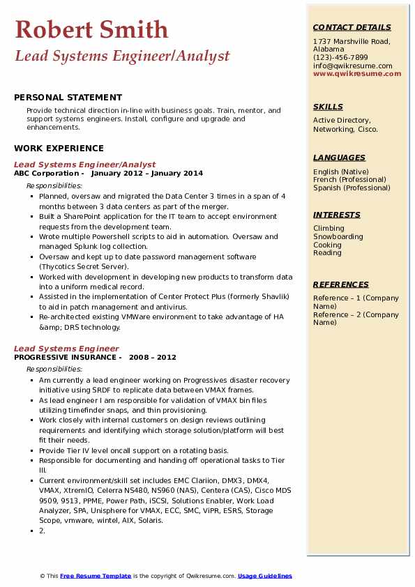 Lead Systems Engineer Resume Samples | QwikResume