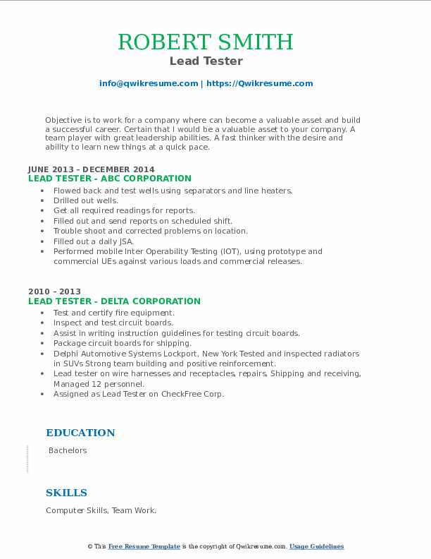 Test Lead Resume Samples | QwikResume