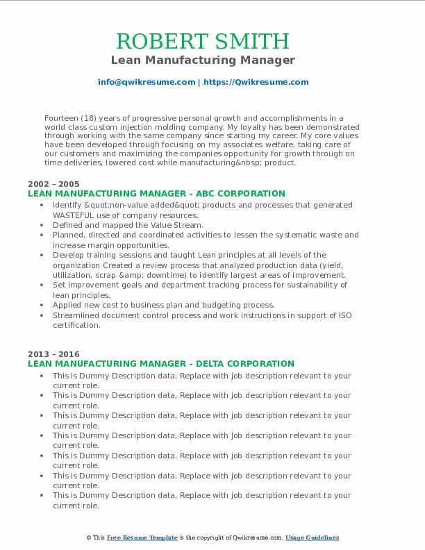 Lean Manufacturing Manager Resume Samples | QwikResume