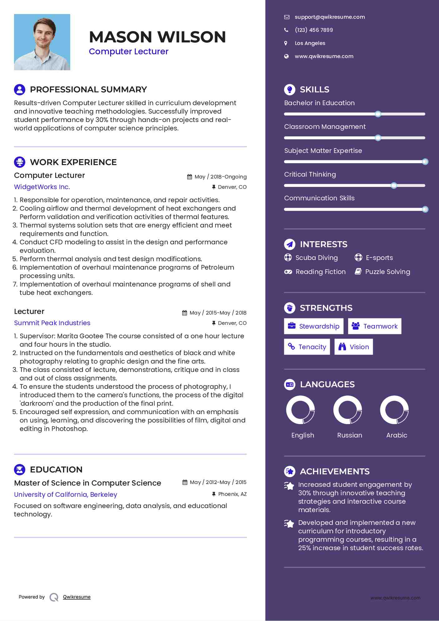 Sample Cv For Lecturer Position In University Pdf Https Www Mcgill Ca 