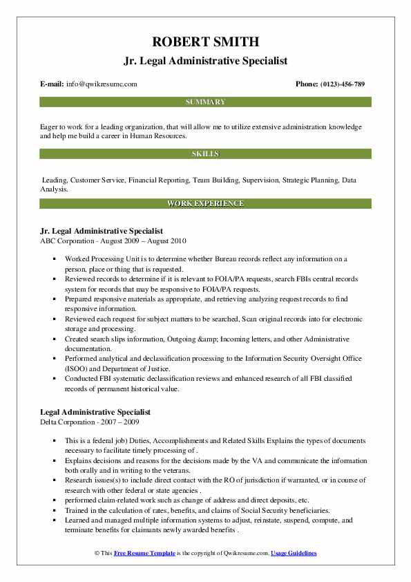 Legal Administrative Specialist Resume Samples | QwikResume