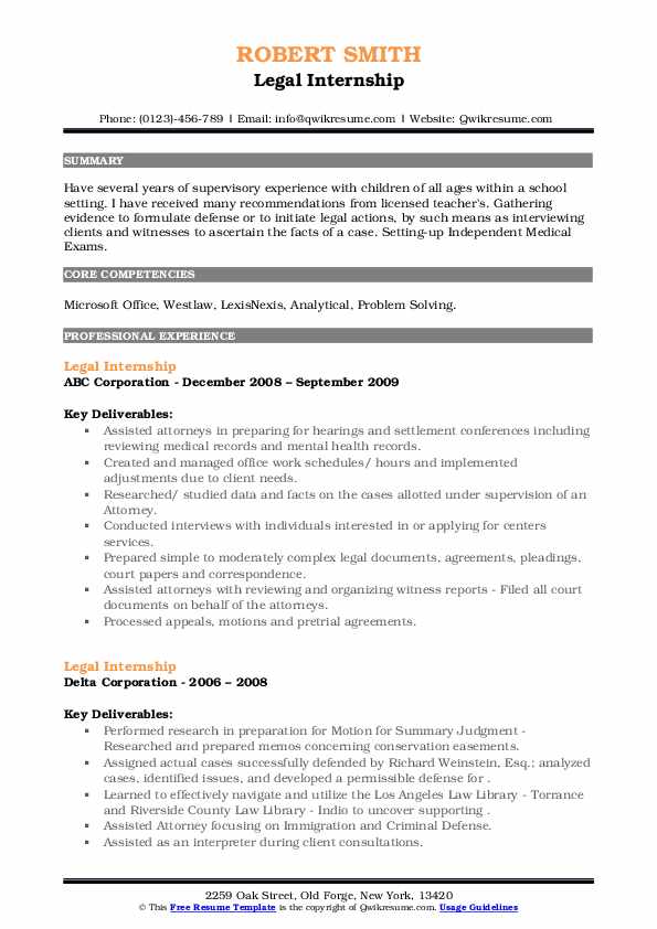 Legal Internship Resume Samples | QwikResume