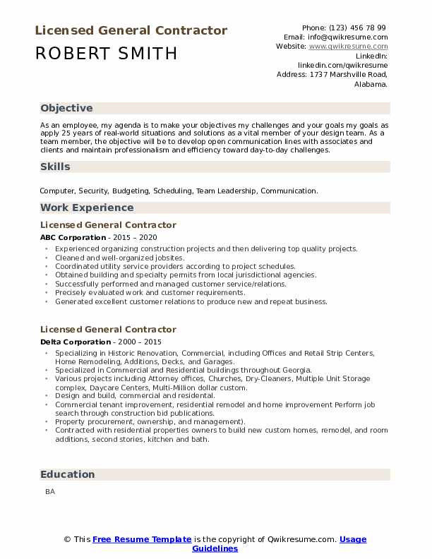 Licensed General Contractor Resume Samples | QwikResume