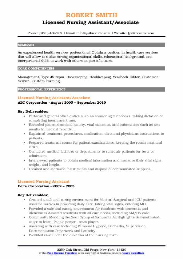 Licensed Nursing Assistant Resume Samples | QwikResume