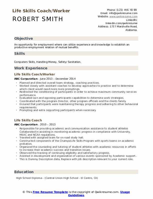 Life Skills Coach Resume Samples | QwikResume