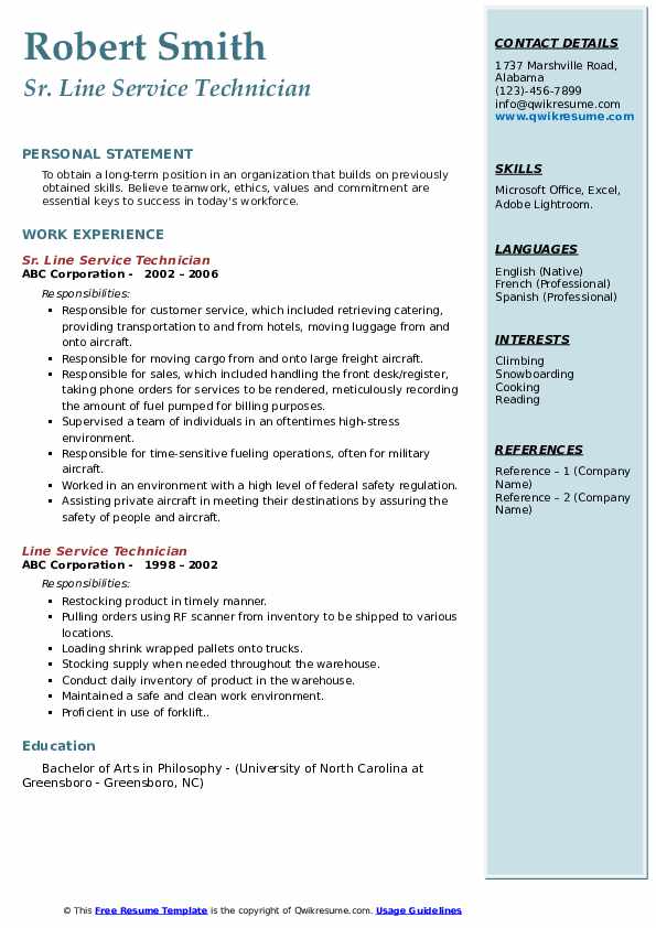 Line Service Technician Resume Samples | QwikResume