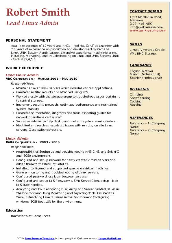 Linux Admin Resume Samples | QwikResume