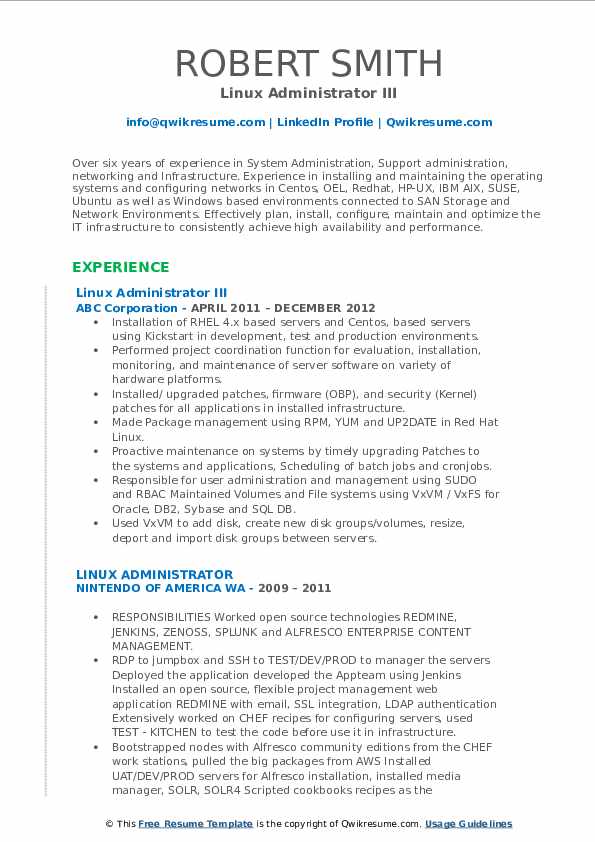 Linux System Administrator Sample Resume
